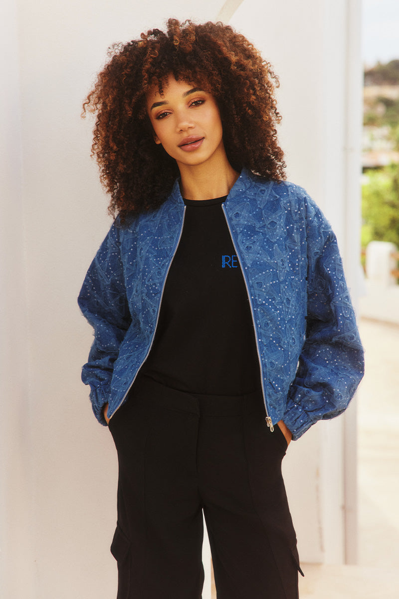 Blauwe bomber jacket met pailletten | Lofty Manner – loftymanner